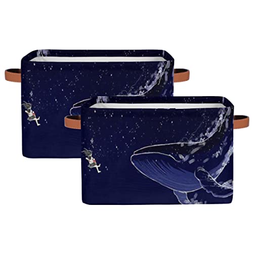 Pardick Large Collapsible Storage Bins ,Universe Whale Decorative Canvas Fabric Storage Boxes Organizer with Handles,Rectangular Baskets Bin for Home Shelves Closet Nursery Gifts