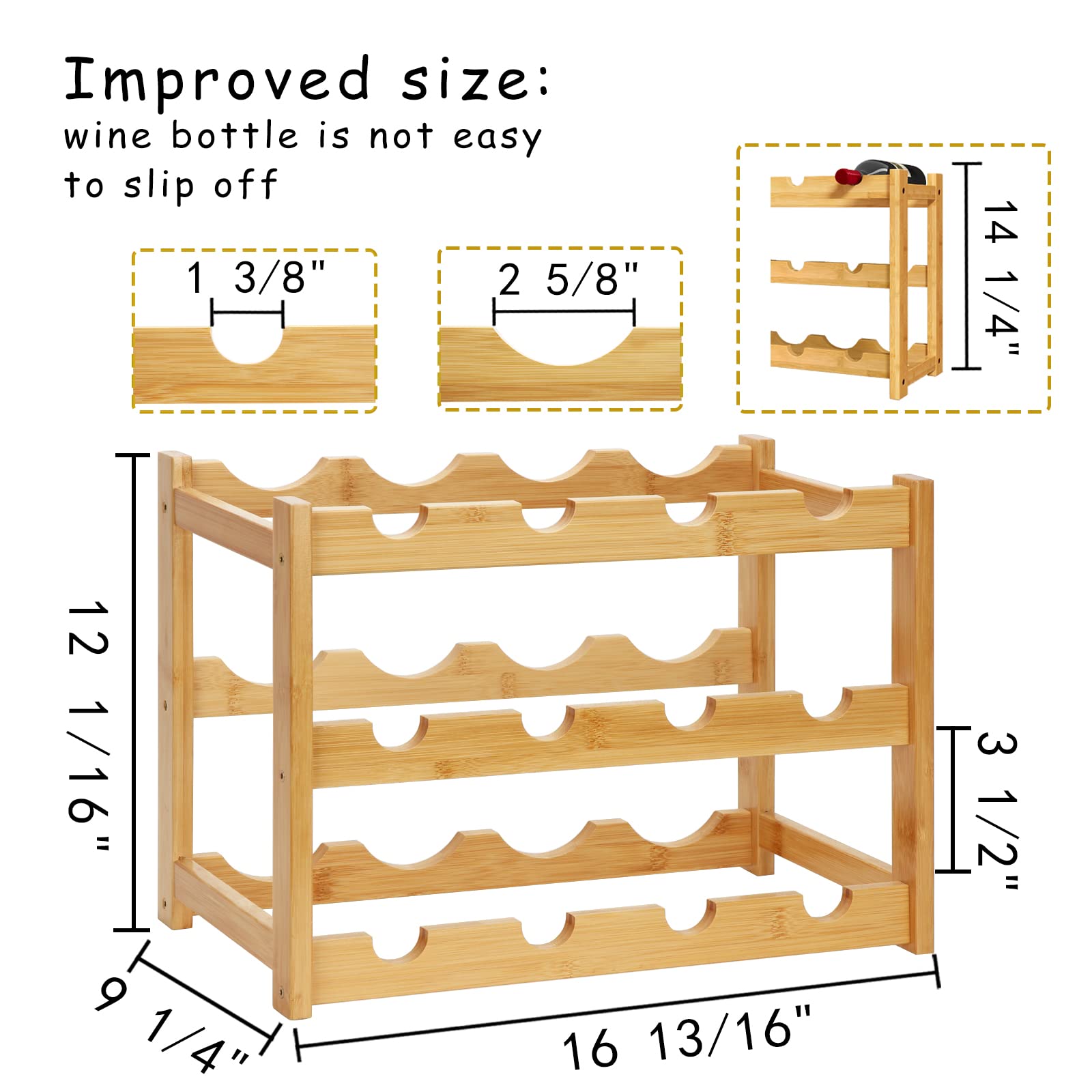 BAMEOS Bamboo Wine Rack, 3 Tier Natural Wine Rack Freestanding Floor Display Storage Shelf countertop Wine Holder for Kitchen, Bar, Pantry, Wine Cellar, Basement,Study,Maroon (16.85 L x 9.25W x 12H)