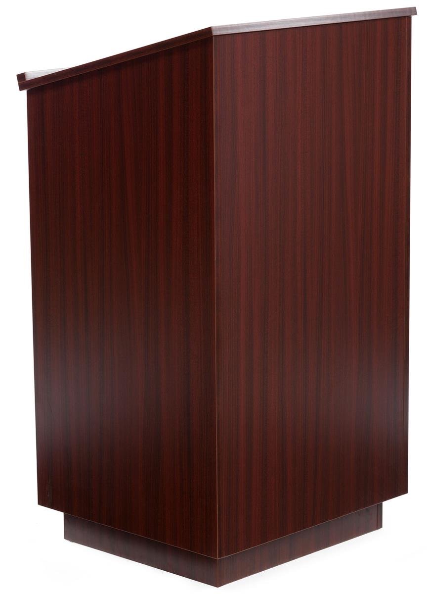 45.5" Tall Podium with Locking Cabinet, Shelf, 25" Angled Surface with Lip (Mahogany)