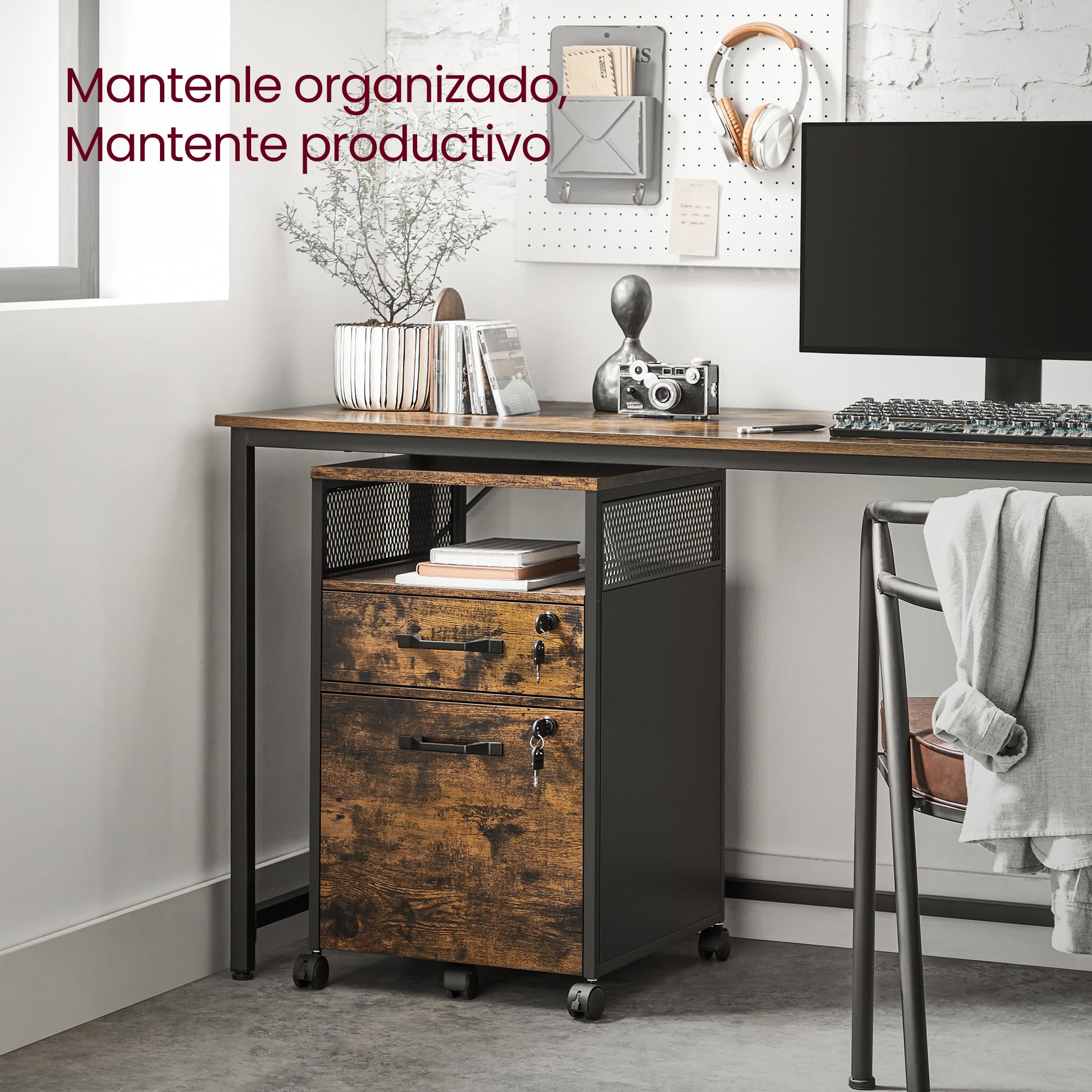 VASAGLE File Cabinet with Lock, Filing Cabinet with 2 Storage Drawers, for Hanging File Folders, Open Shelf, Home Office, Steel Frame, Industrial, Rustic Brown and Black UOFC077B01