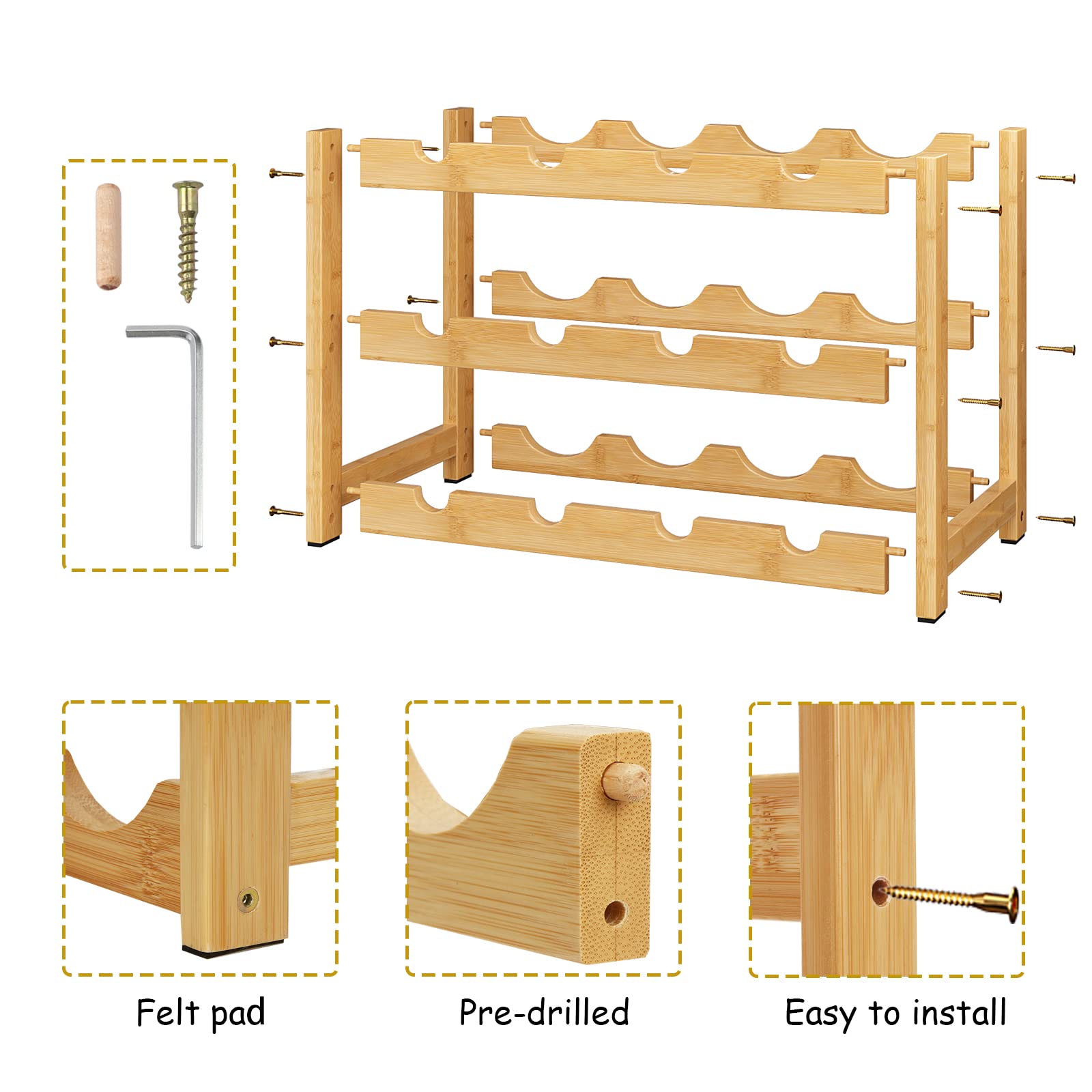 BAMEOS Bamboo Wine Rack, 3 Tier Natural Wine Rack Freestanding Floor Display Storage Shelf countertop Wine Holder for Kitchen, Bar, Pantry, Wine Cellar, Basement,Study,Maroon (16.85 L x 9.25W x 12H)