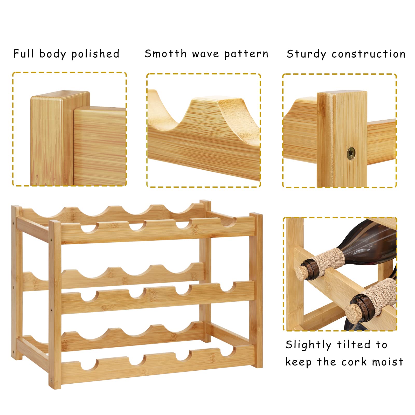 BAMEOS Bamboo Wine Rack, 3 Tier Natural Wine Rack Freestanding Floor Display Storage Shelf countertop Wine Holder for Kitchen, Bar, Pantry, Wine Cellar, Basement,Study,Maroon (16.85 L x 9.25W x 12H)