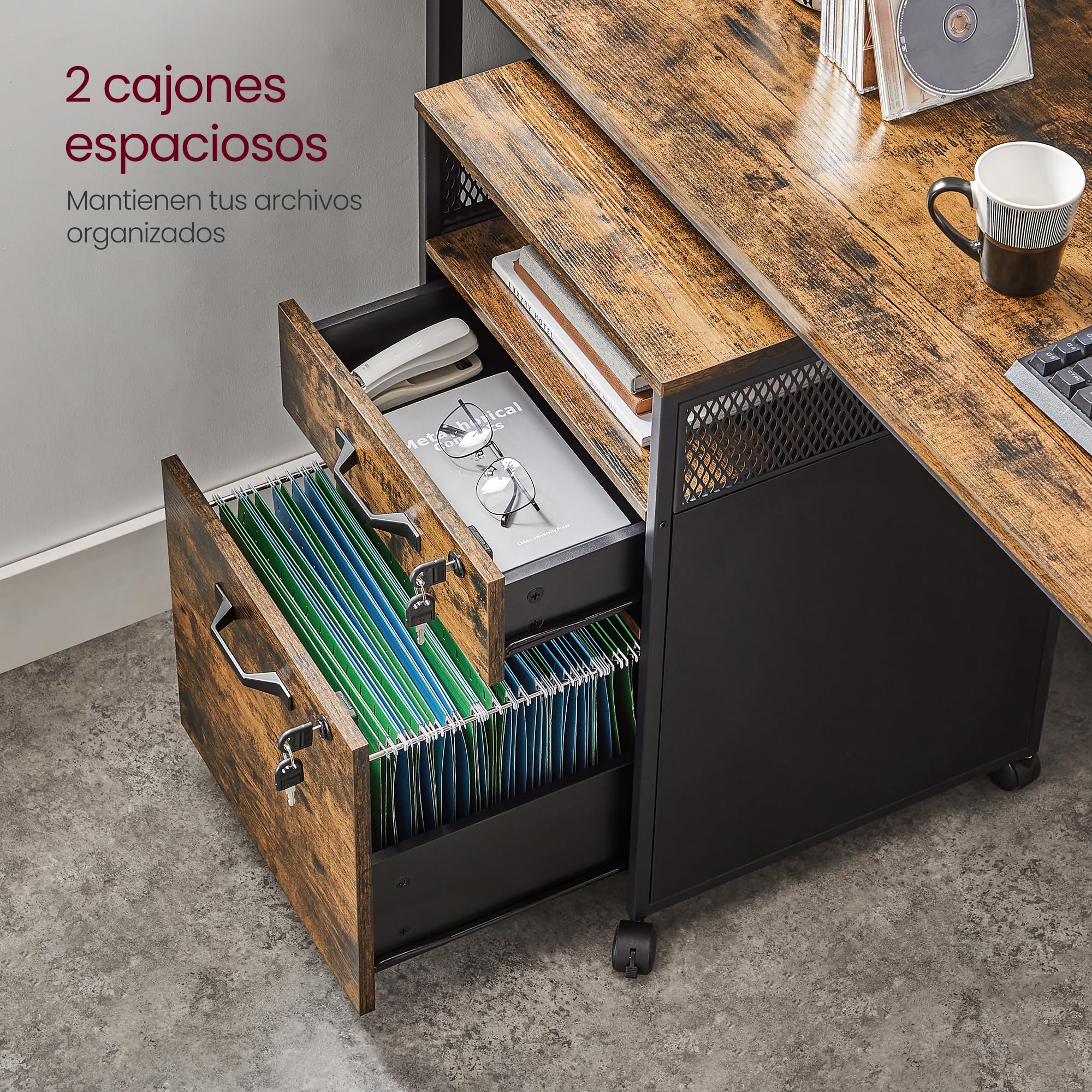 VASAGLE File Cabinet with Lock, Filing Cabinet with 2 Storage Drawers, for Hanging File Folders, Open Shelf, Home Office, Steel Frame, Industrial, Rustic Brown and Black UOFC077B01