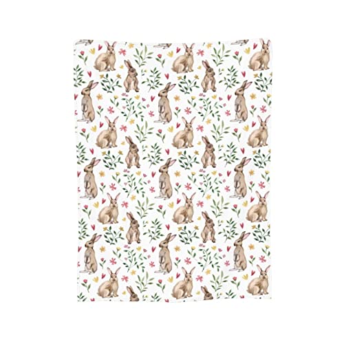 Rabbits and Flowers Throw Blanket Warm Cozy Lightweight Blankets Soft Easter Bunny Flannel Blanket for Sofa Couch Bed Office Holiday Decorative 80"X60"