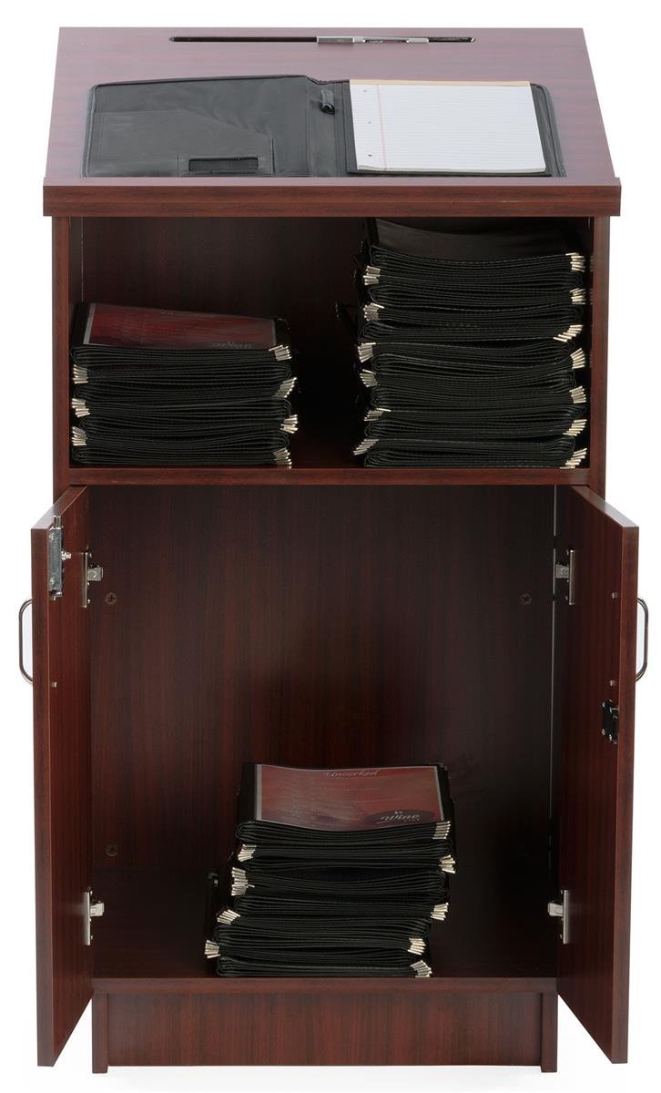 45.5" Tall Podium with Locking Cabinet, Shelf, 25" Angled Surface with Lip (Mahogany)