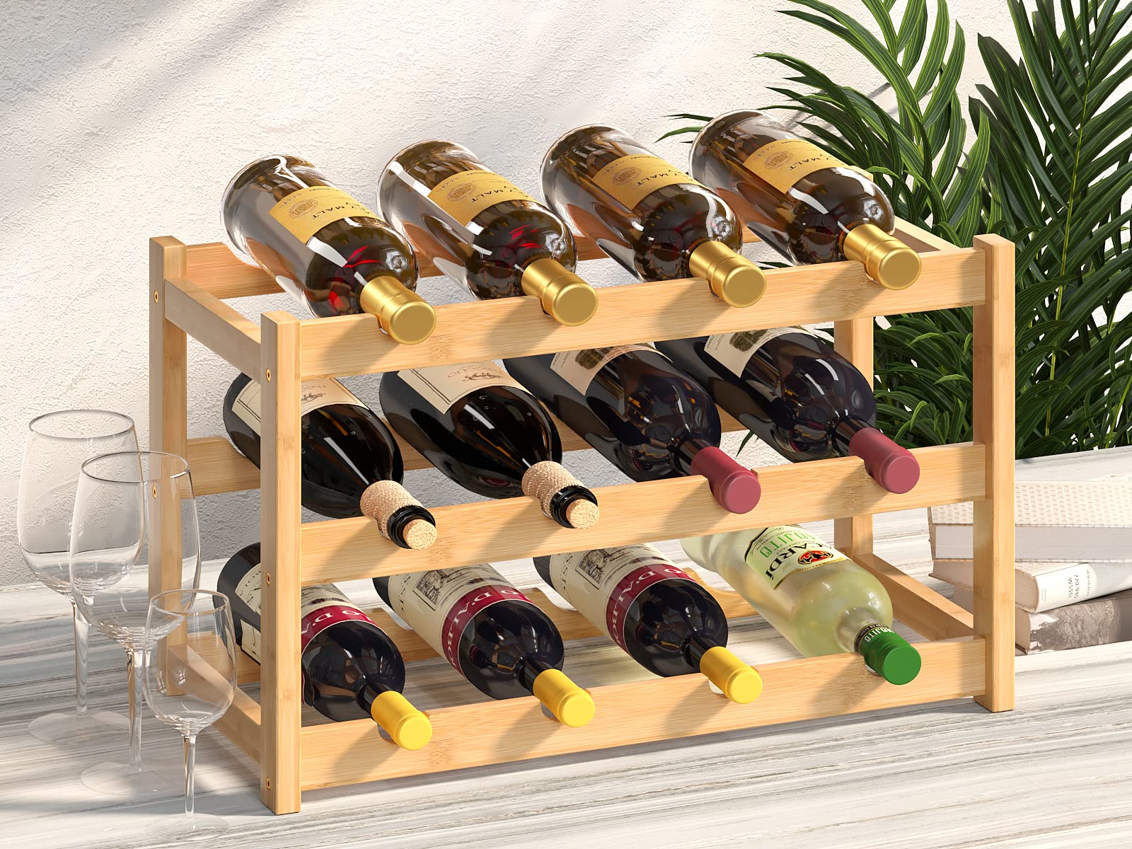 BAMEOS Bamboo Wine Rack, 3 Tier Natural Wine Rack Freestanding Floor Display Storage Shelf countertop Wine Holder for Kitchen, Bar, Pantry, Wine Cellar, Basement,Study,Maroon (16.85 L x 9.25W x 12H)