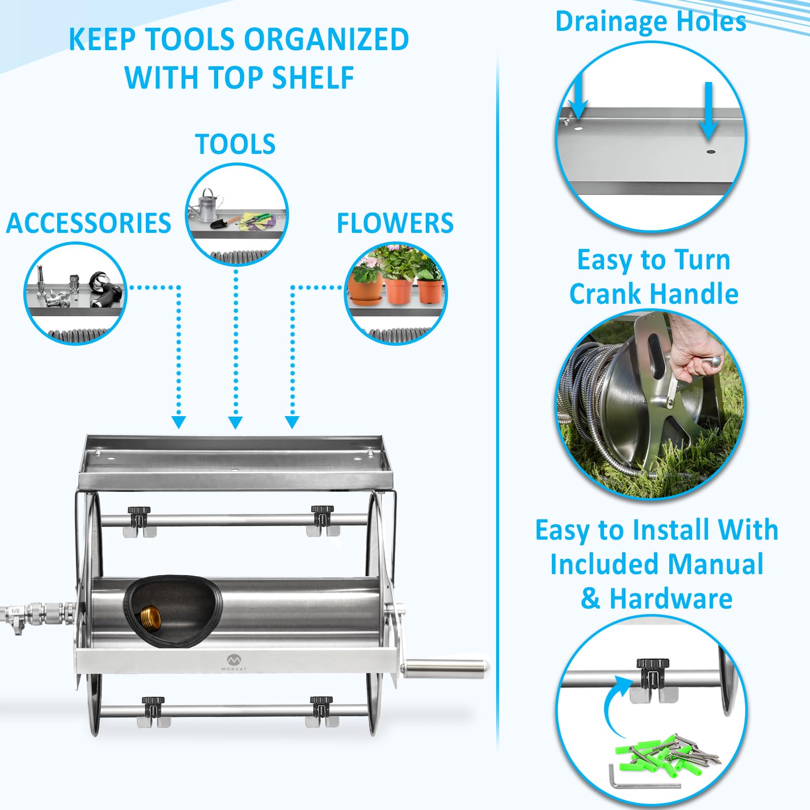Morvat Stainless Steel Metal Water Hose Reel for 150FT Hose, Retractable Garden Hose Holder with Storage Shelf & Crank, Wall/Floor Mount, Includes 5Ft Leader Hose with ON/OFF Valve & Accessories