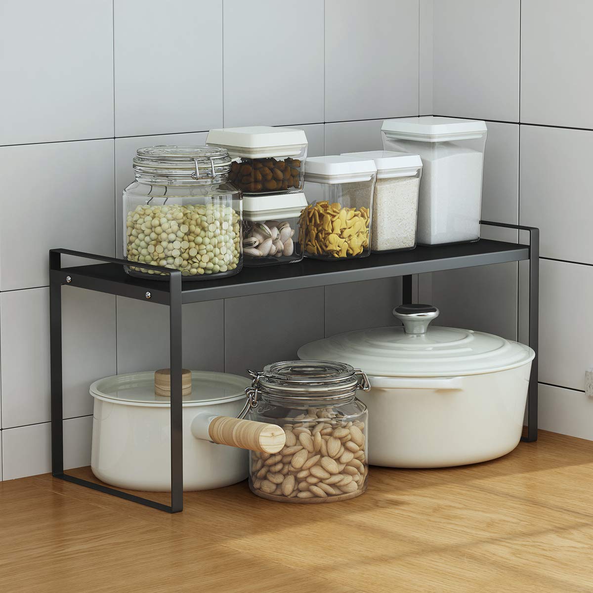 ideaglass Countertop Organizer, Cupboard Stand Spice Rack, 16" Cabinet Pantry Shelf, Organization and Storage for Kitchen Bathroom, Metal Plate Milky White
