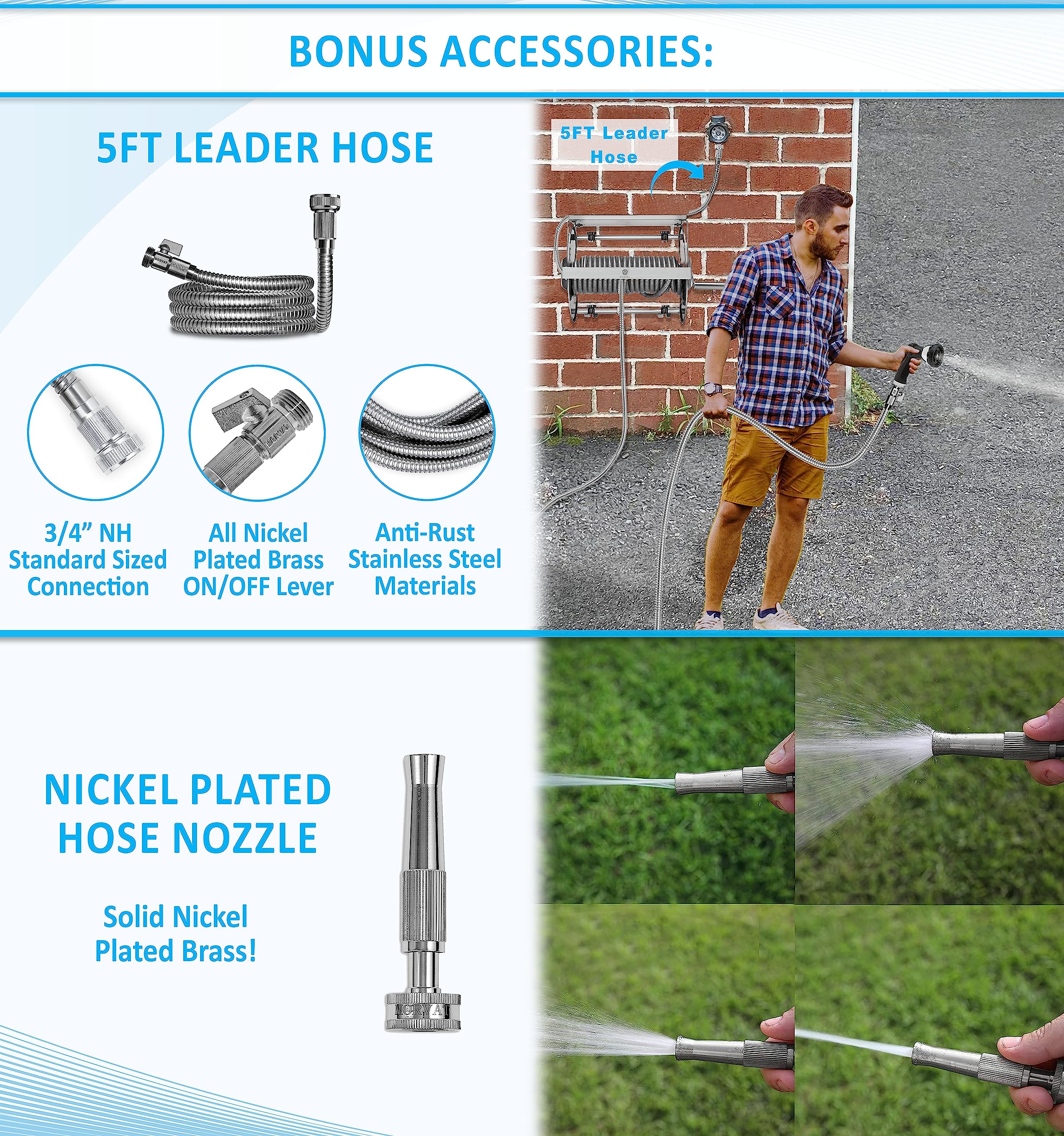 Morvat Stainless Steel Metal Water Hose Reel for 150FT Hose, Retractable Garden Hose Holder with Storage Shelf & Crank, Wall/Floor Mount, Includes 5Ft Leader Hose with ON/OFF Valve & Accessories