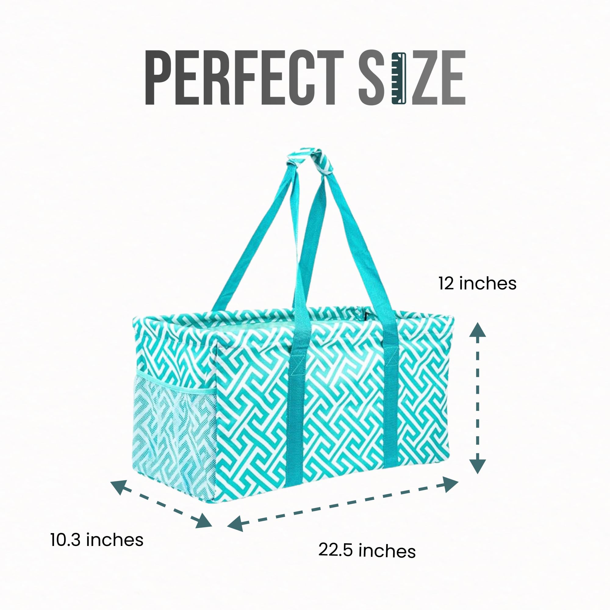 Lucazzi Extra Large Utility Tote Bag - Oversized Collapsible Reusable Wire Frame Rectangular Canvas Basket With Two Exterior Pockets For Beach, Pool, Laundry, Car Trunk, Storage - Geometric Teal