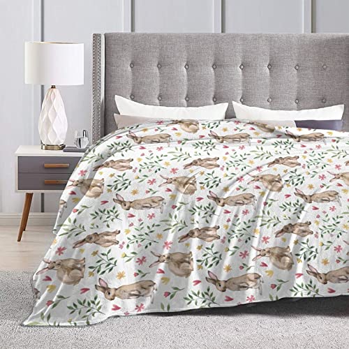 Rabbits and Flowers Throw Blanket Warm Cozy Lightweight Blankets Soft Easter Bunny Flannel Blanket for Sofa Couch Bed Office Holiday Decorative 80"X60"