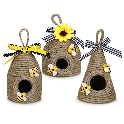 Bee Hive Decor,3 Pack Bumble Bee Rustic Decor Hive,Natural Bee House, Bumble Bee Theme Party Decor Spring Summer Rustic Farmhouse Kitchecn Table Decor, Honey Bee Tiered Tray Decor