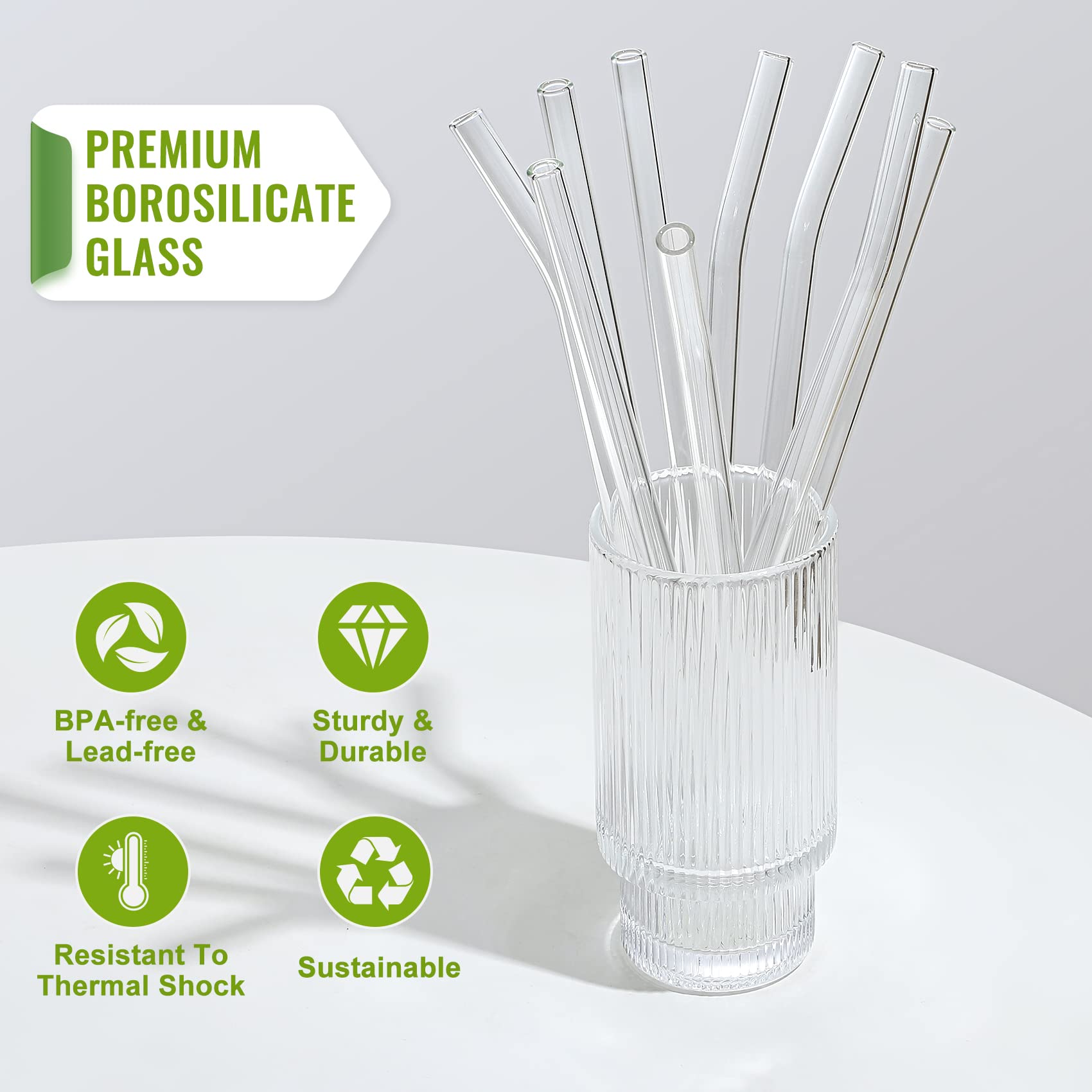 NETANY 12-Pack Reusable Glass Straws, Clear Glass Drinking Straw, 10''x10 MM, Set of 6 Straight and 6 Bent with 4 Cleaning Brushes - Perfect for Smoothies, Milkshakes, Tea, Juice - Dishwasher Safe