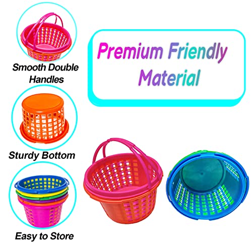 Easter Baskets Bulk, 12+12PCS Plastic Easter Baskets Small and Colorful Easter Grass Stuffers, Easter Bucket with Handles for Kids Boys Girls, Fillers Easter Round Baskets for Party Easter Hunt