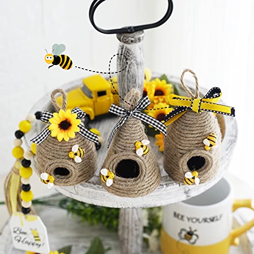 Bee Hive Decor,3 Pack Bumble Bee Rustic Decor Hive,Natural Bee House, Bumble Bee Theme Party Decor Spring Summer Rustic Farmhouse Kitchecn Table Decor, Honey Bee Tiered Tray Decor
