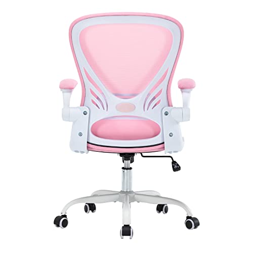 Hramk Office Chair Mid Back Swivel Desk Chair with Flip-up Arms, Breathable Mesh Computer Chair, Lumbar Support Task Chair with Wheels, Height Adjustable (Pink)