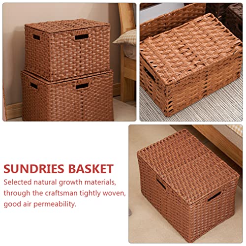 Zerodeko Rattan Storage Basket with Lid Woven Shelf Baskets Imitation Handwoven Wicker Basket Sundries Organizer Boxes Home Decor for Makeup Clothes Home Items