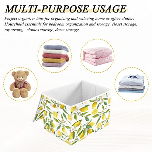 Storage Bins with Lid, Lemon Tree Flower Leaves Storage Box Organizer Toys Bedroom Nursery, 16.5"x12.6"x11.8" Large Collapsible Storage Cube for Home Office Closet Shelf