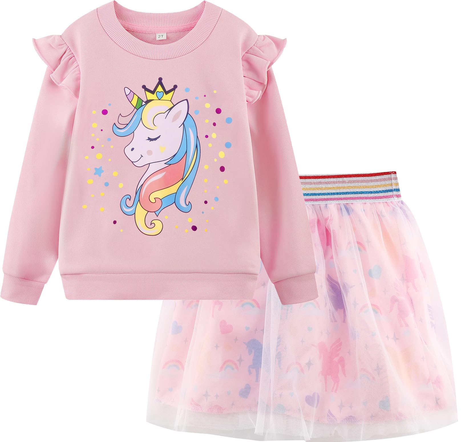 Baby Girl Sweatshirt Unicorn Dresses Long Sleeve Toddler Clothes Set Ruffle Sleeve Tops Tutu Tulle Skirt Kids 2 Piece Birthday Outfit 3t
