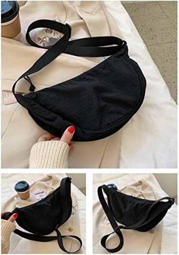 Aesthetic Crescent Bag for Women Men, Hobo Crossbody Bags Adjustable Strap Shoulder Bag Sling Chest Bag Nylon Dumpling Bag (Black,One Size)