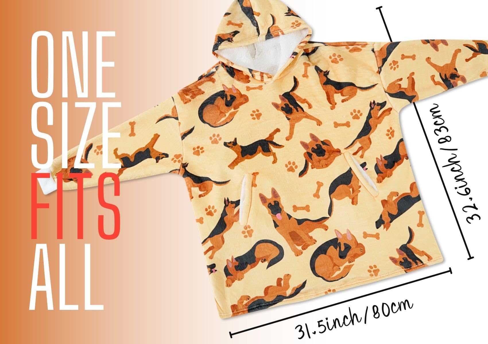 Huglanket German Shepherd Gifts for Women Men, Wearable Flannel Blanket Hoodie, Oversized Hooded Sweatshirt, One Size, Cartoon