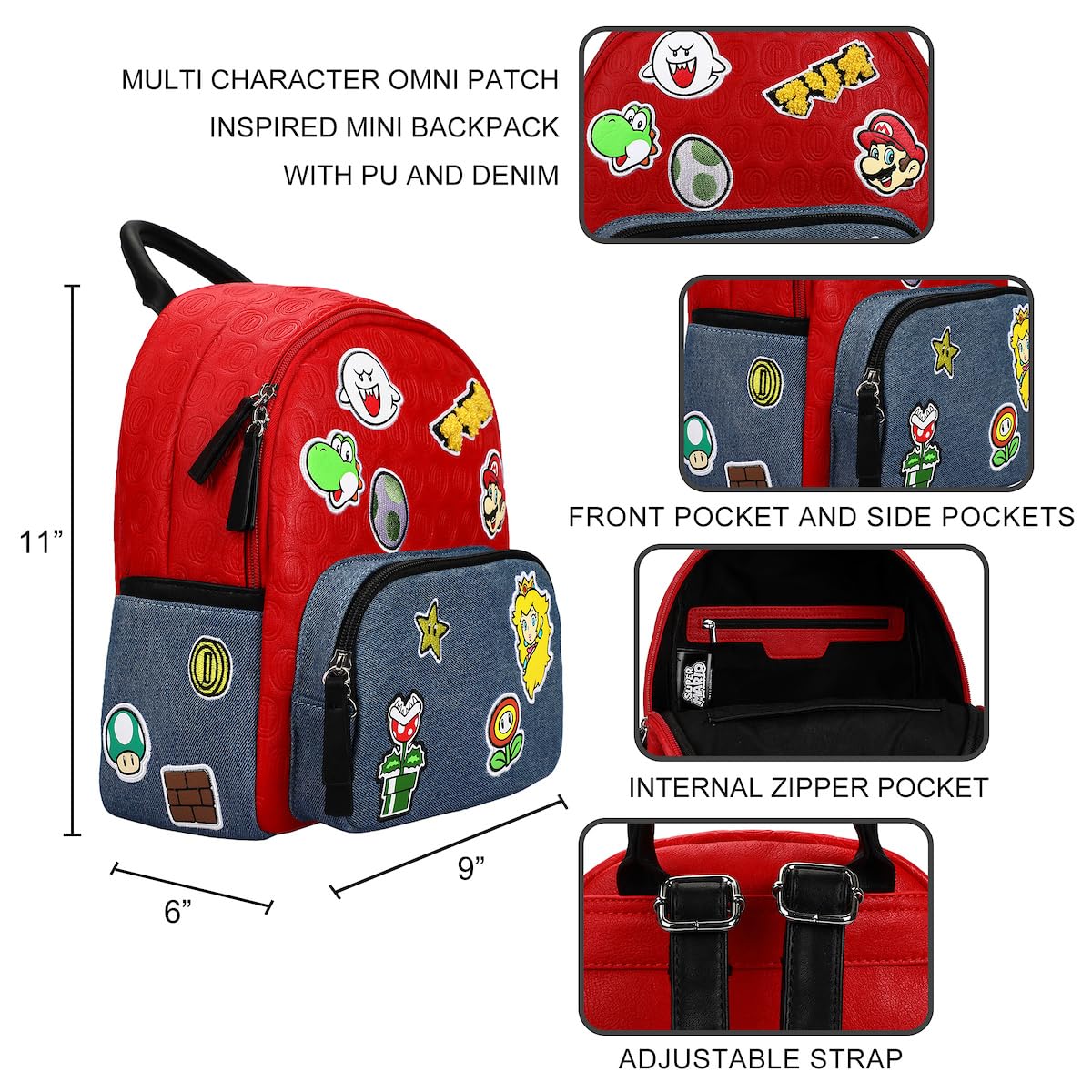Super Mario Icon Patches red and denim tone Embossed Mini Backpack