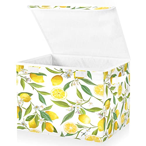 Storage Bins with Lid, Lemon Tree Flower Leaves Storage Box Organizer Toys Bedroom Nursery, 16.5"x12.6"x11.8" Large Collapsible Storage Cube for Home Office Closet Shelf