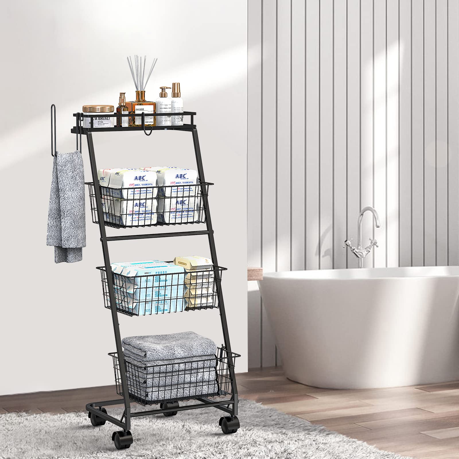Auledio 4-Tier Fruit Vegetables Basket Bowl Rolling Storage Cart With Banana Hanger Paper Towels Holder , Black