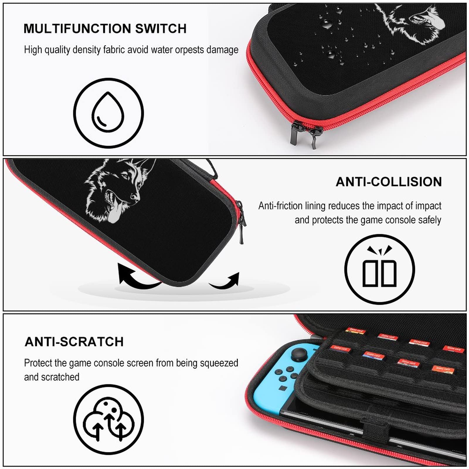 German Shepherd Head Compatible with Nintendo Switch Carrying Case Portable Travel Carry Cover Accessories With 20 Game Card Slots