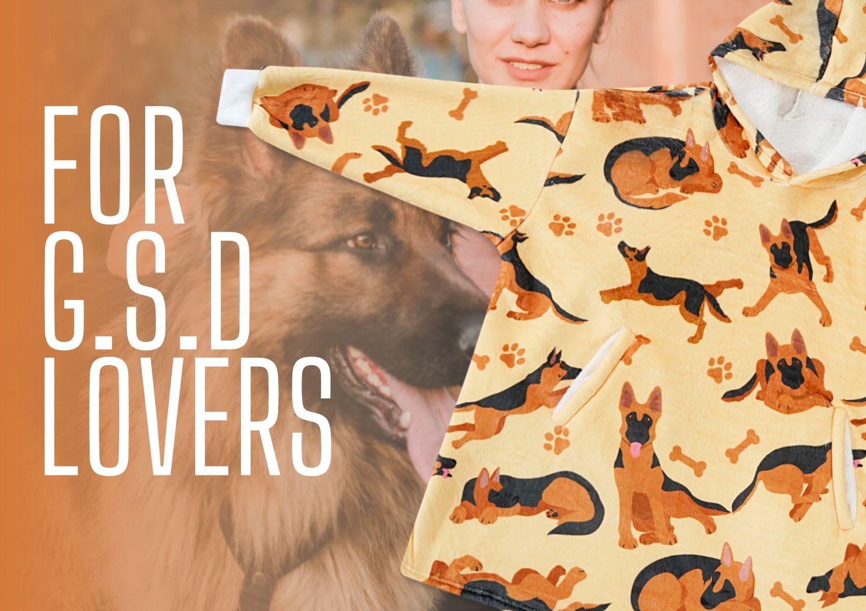Huglanket German Shepherd Gifts for Women Men, Wearable Flannel Blanket Hoodie, Oversized Hooded Sweatshirt, One Size, Cartoon
