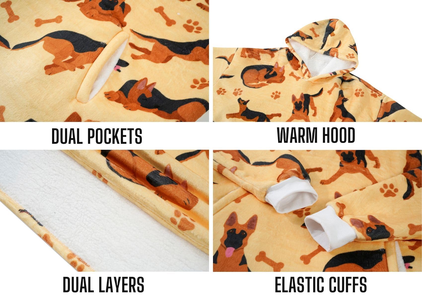 Huglanket German Shepherd Gifts for Women Men, Wearable Flannel Blanket Hoodie, Oversized Hooded Sweatshirt, One Size, Cartoon