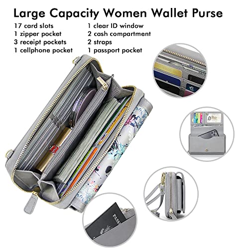 Women Crossbody Wallet Purse, RFID Card Holder Wristlet Clutch 2 Straps,Grey Floral