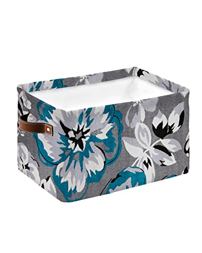 Storage Bins, Teal Gray Flower Floral Texture Storage Baskets for Organizing Closet Shelves Clothes Decorative Fabric Baskets Large Storage Cubes with Handles