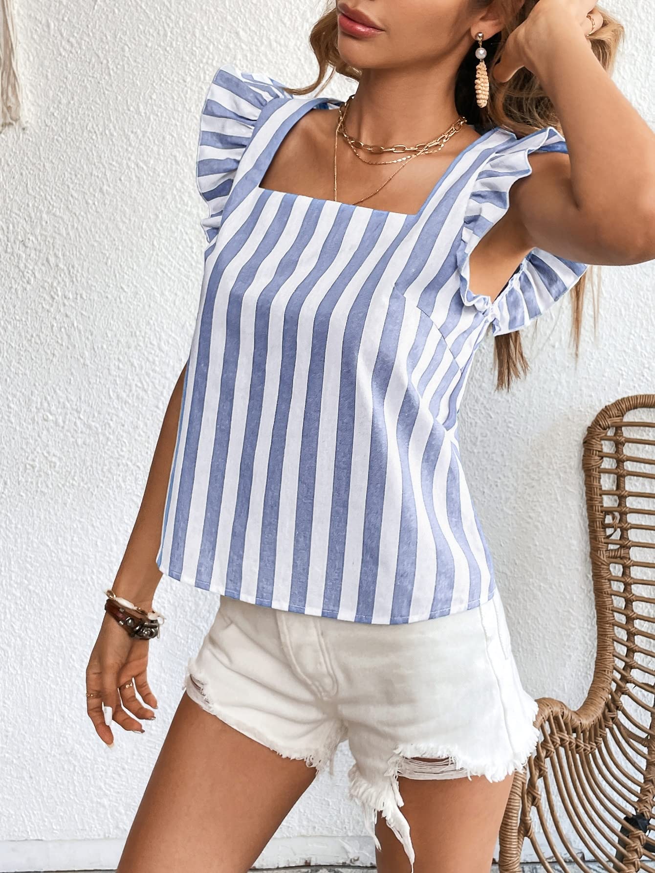 WDIRARA Women's Striped Ruffle Cap Sleeve Square Neck Boho Summer Blouse Casual Top Blue and White M