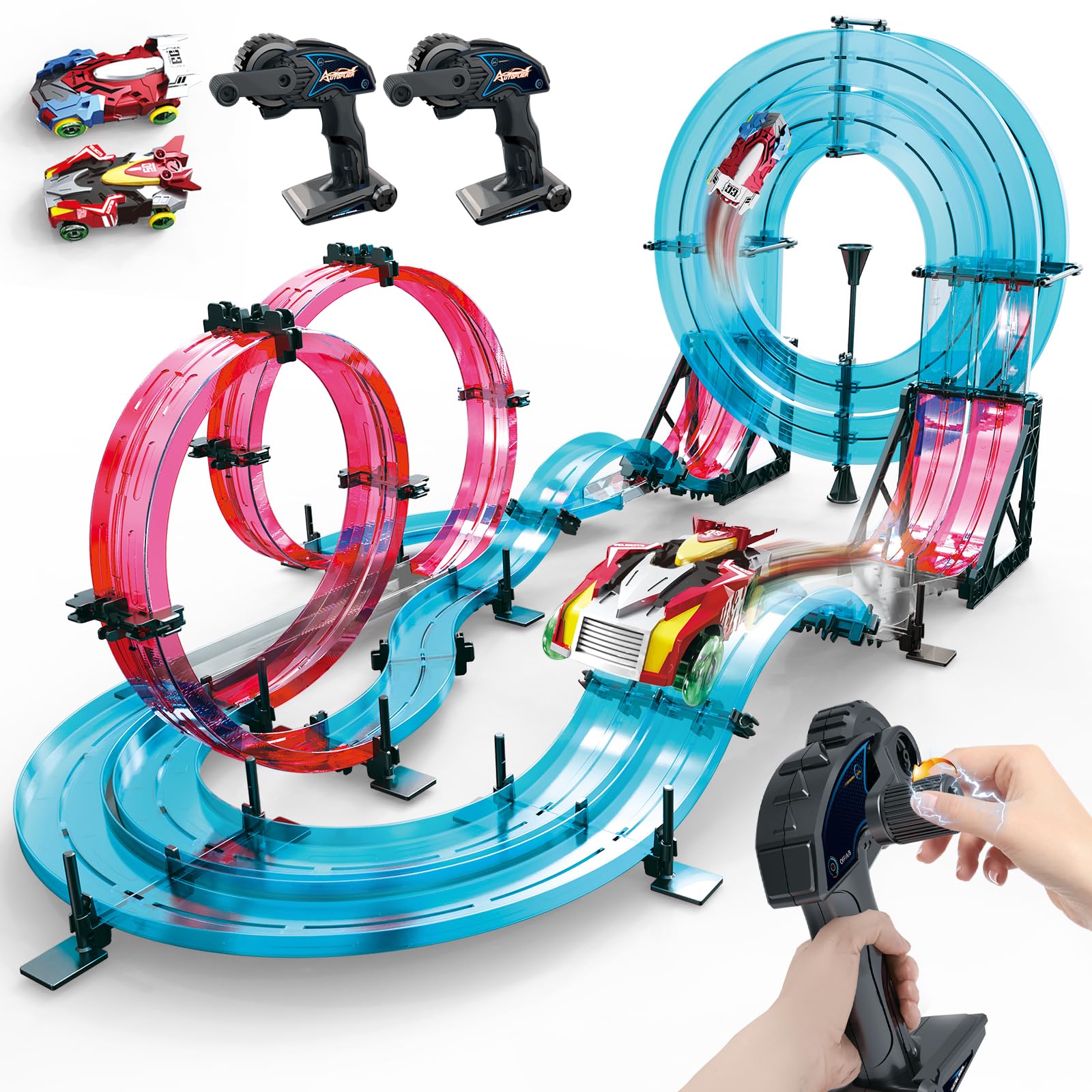 REMOKING RC Track Car, STEM Rail Race RC Track Car Toys Build Your Own 3D Super Track Ultimate Slot Car Playset 2 Cars 2 Remote Controllers Party Game, Great Gifts Toys for Kids Boys Girls Age 6 7 8 9