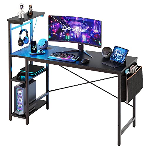 Bestier Gaming Desk with LED Lights, Computer Desk with 4 Tiers Reversible Shelves, 51.3 Inch Home Office Writing Desk with Side Storage Bag, Hooks and Height Adjustable Shelf (Black Grained)