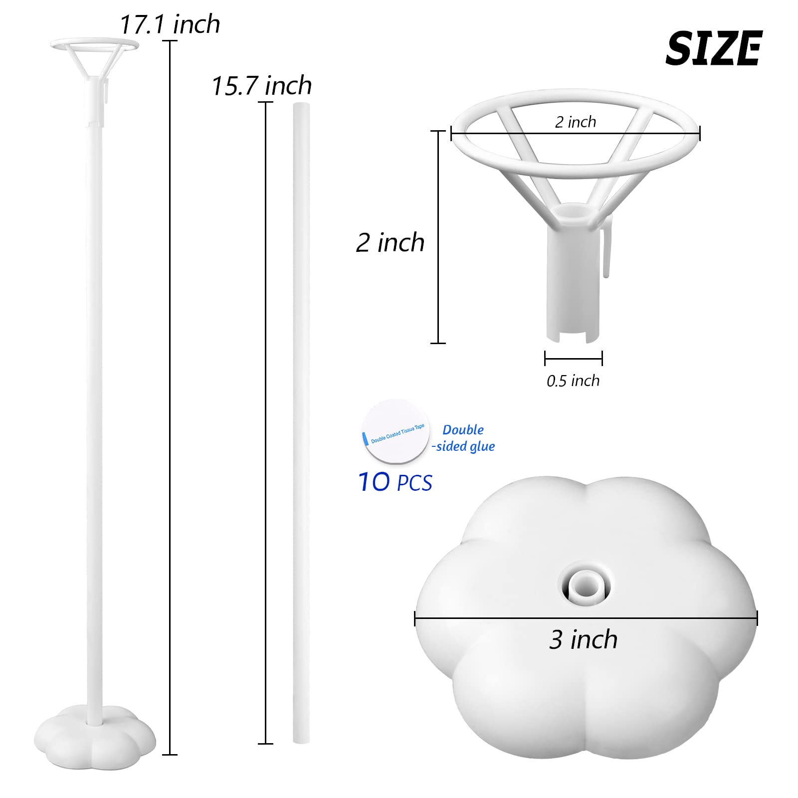 SAKOLLA Balloon Stick Stand - 10 Sets Balloon Base with Pole and Cup Table Desktop Centerpiece Holder for Birthday Party, Wedding, Holidays and Anniversary Decoration (15.7 inch White)