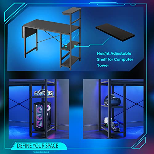 Bestier Gaming Desk with LED Lights, Computer Desk with 4 Tiers Reversible Shelves, 51.3 Inch Home Office Writing Desk with Side Storage Bag, Hooks and Height Adjustable Shelf (Black Grained)