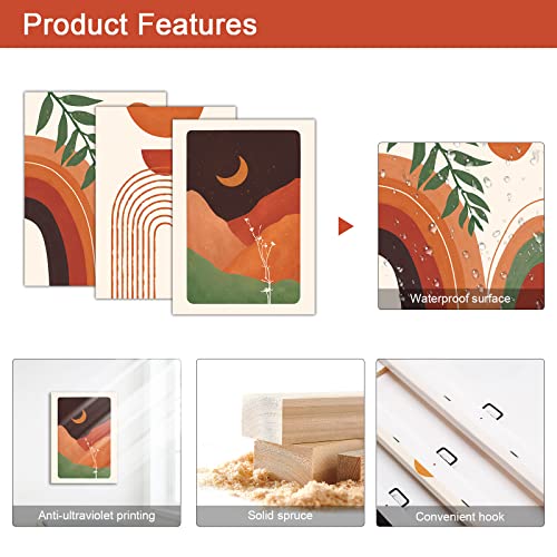 Boho Wall Art Set of 3, Boho Bedroom Decor Orange Minimalist Wall Decor Art, Mid Century Modern Wall Art, Neutral Abstract Geometric Framed Canvas Prints Wall Art for Bathroom 12"x16"