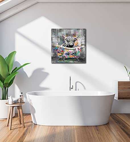 Kepgonegu Highland Cow Bathroom Wall Art Banksy Graffiti Canvas Wall Art Black and White Wall Art Ready to Hang Size 14”W x 14”H