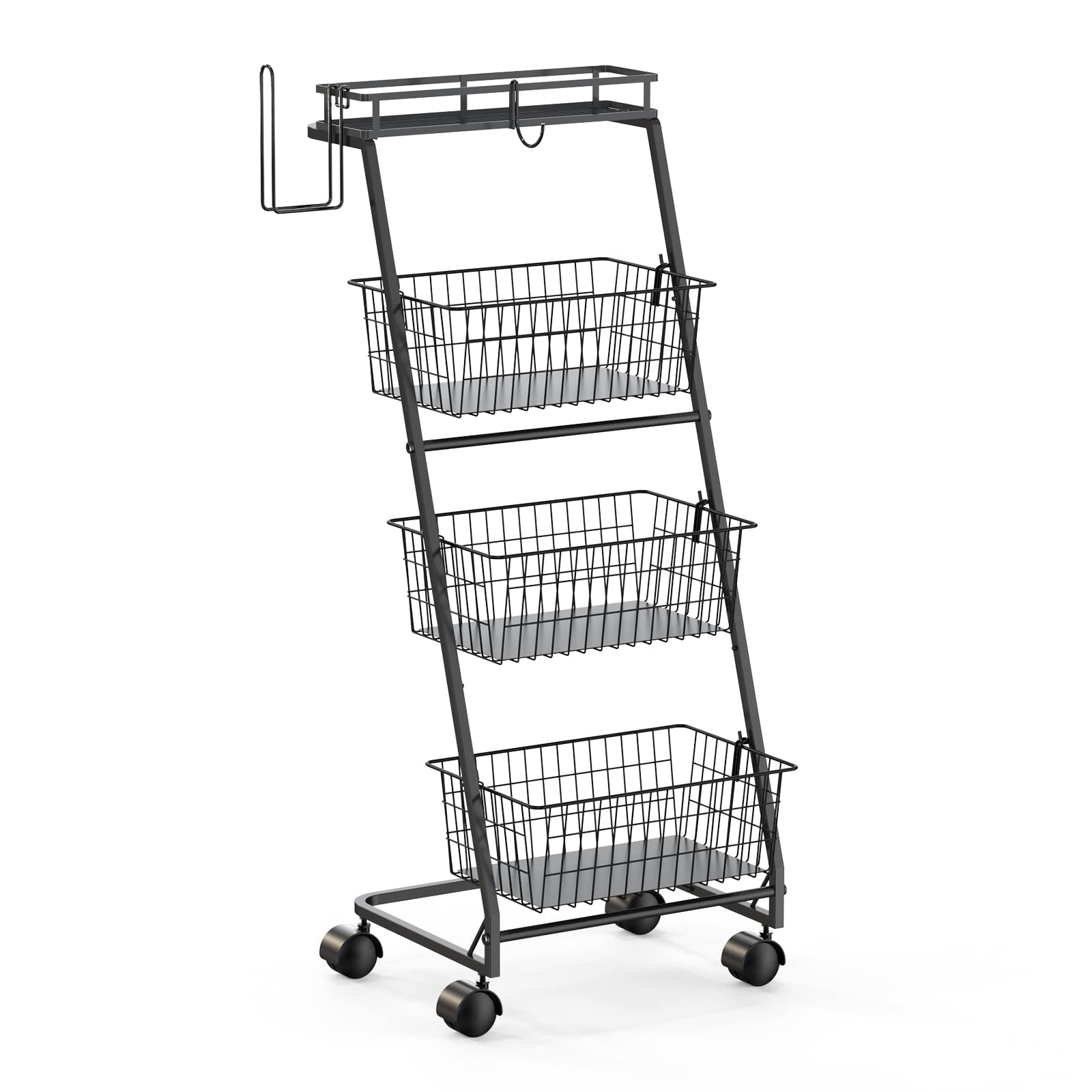 Auledio 4-Tier Fruit Vegetables Basket Bowl Rolling Storage Cart With Banana Hanger Paper Towels Holder , Black