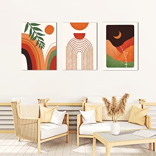 Boho Wall Art Set of 3, Boho Bedroom Decor Orange Minimalist Wall Decor Art, Mid Century Modern Wall Art, Neutral Abstract Geometric Framed Canvas Prints Wall Art for Bathroom 12"x16"