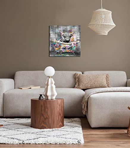Kepgonegu Highland Cow Bathroom Wall Art Banksy Graffiti Canvas Wall Art Black and White Wall Art Ready to Hang Size 14”W x 14”H