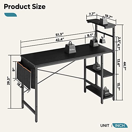 Bestier Gaming Desk with LED Lights, Computer Desk with 4 Tiers Reversible Shelves, 51.3 Inch Home Office Writing Desk with Side Storage Bag, Hooks and Height Adjustable Shelf (Black Grained)