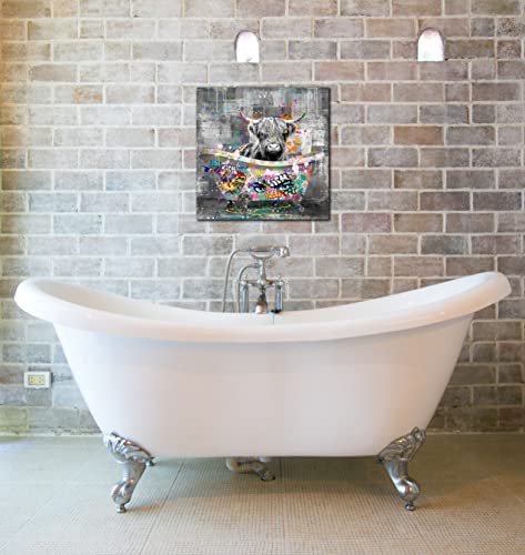 Kepgonegu Highland Cow Bathroom Wall Art Banksy Graffiti Canvas Wall Art Black and White Wall Art Ready to Hang Size 14”W x 14”H