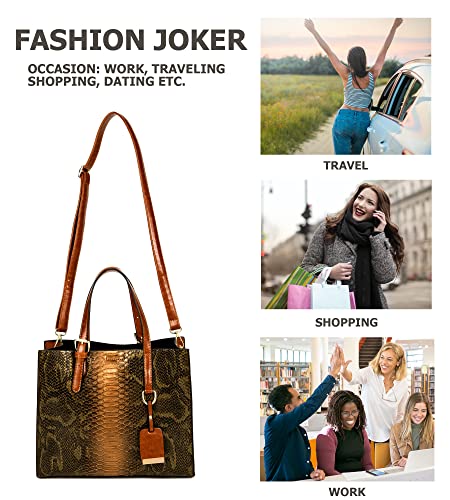 myfriday Vegan Leather Tote Shoulder Bag for Women, Snake Pattern Large Top Handle Satchel Handbags 3pcs Purse Set