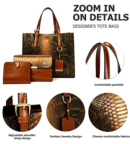 myfriday Vegan Leather Tote Shoulder Bag for Women, Snake Pattern Large Top Handle Satchel Handbags 3pcs Purse Set