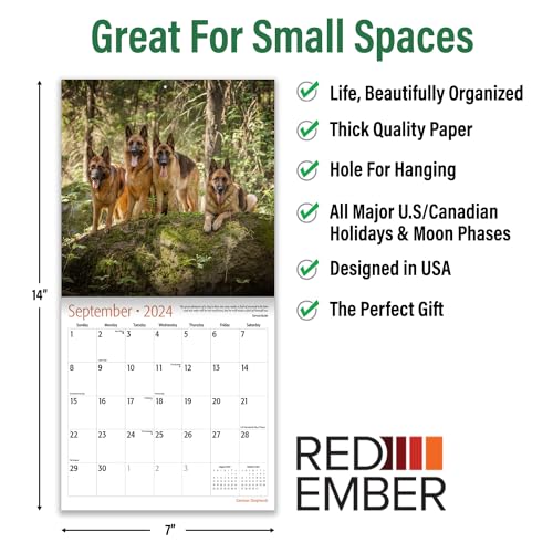 RED EMBER German Shepherds Mini 2024 Wall Calendar 12 Month | 7" x 14" Open | Thick & Sturdy Paper | Giftable | Calendar 2024