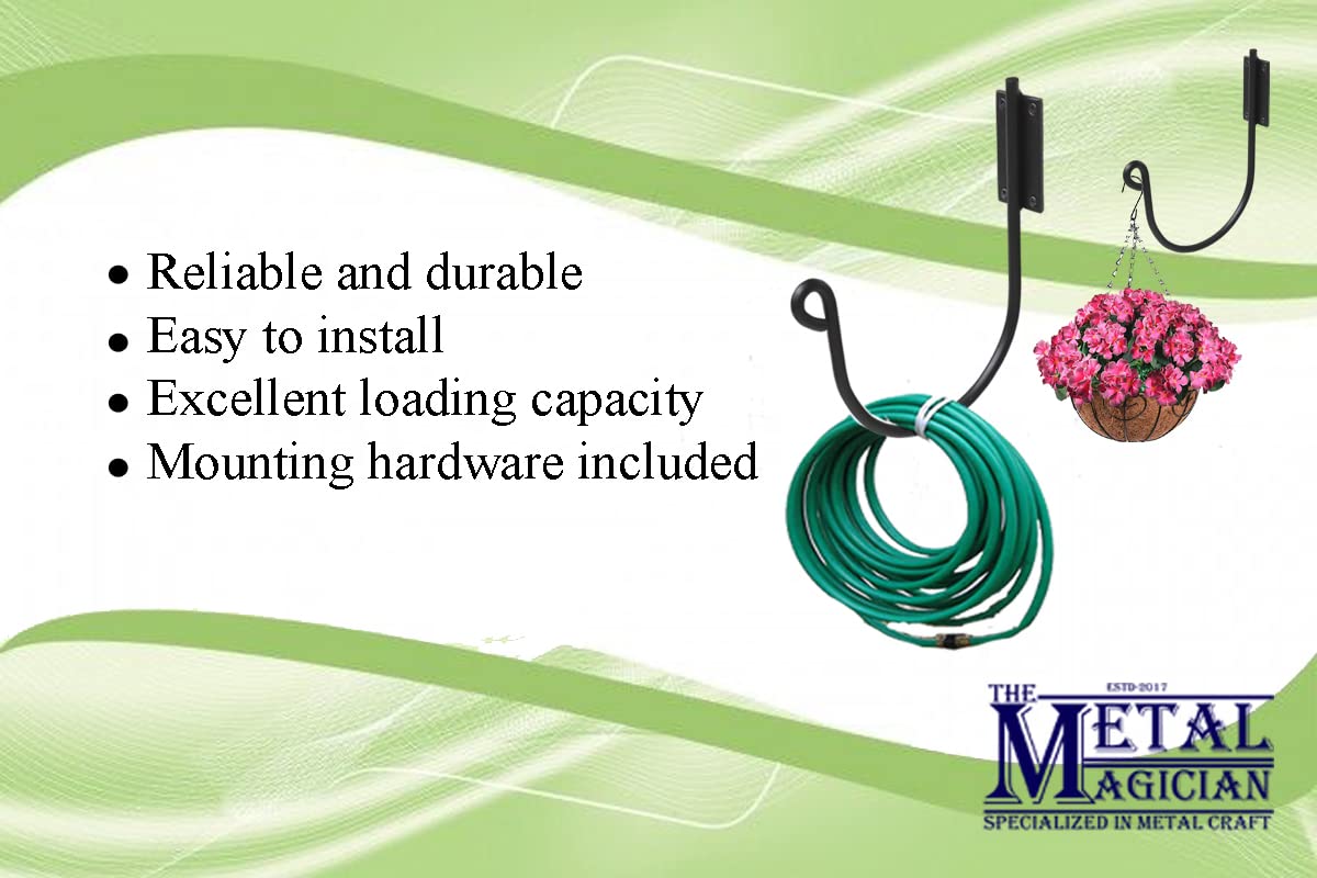 The Metal Magician Garden Hose Holder Wall Mounted Water Pipe Hanger Heavy Duty Metal Pipe Hook for Outside Yard Ideal for Extension Cords, Ropes (Black) (Hose Hook)