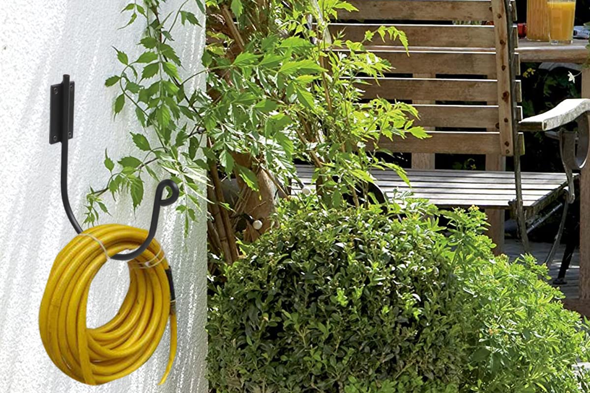 The Metal Magician Garden Hose Holder Wall Mounted Water Pipe Hanger Heavy Duty Metal Pipe Hook for Outside Yard Ideal for Extension Cords, Ropes (Black) (Hose Hook)
